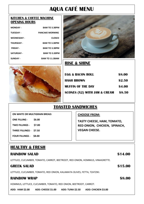 Aqua Cafe Menu | Nepean Country Club